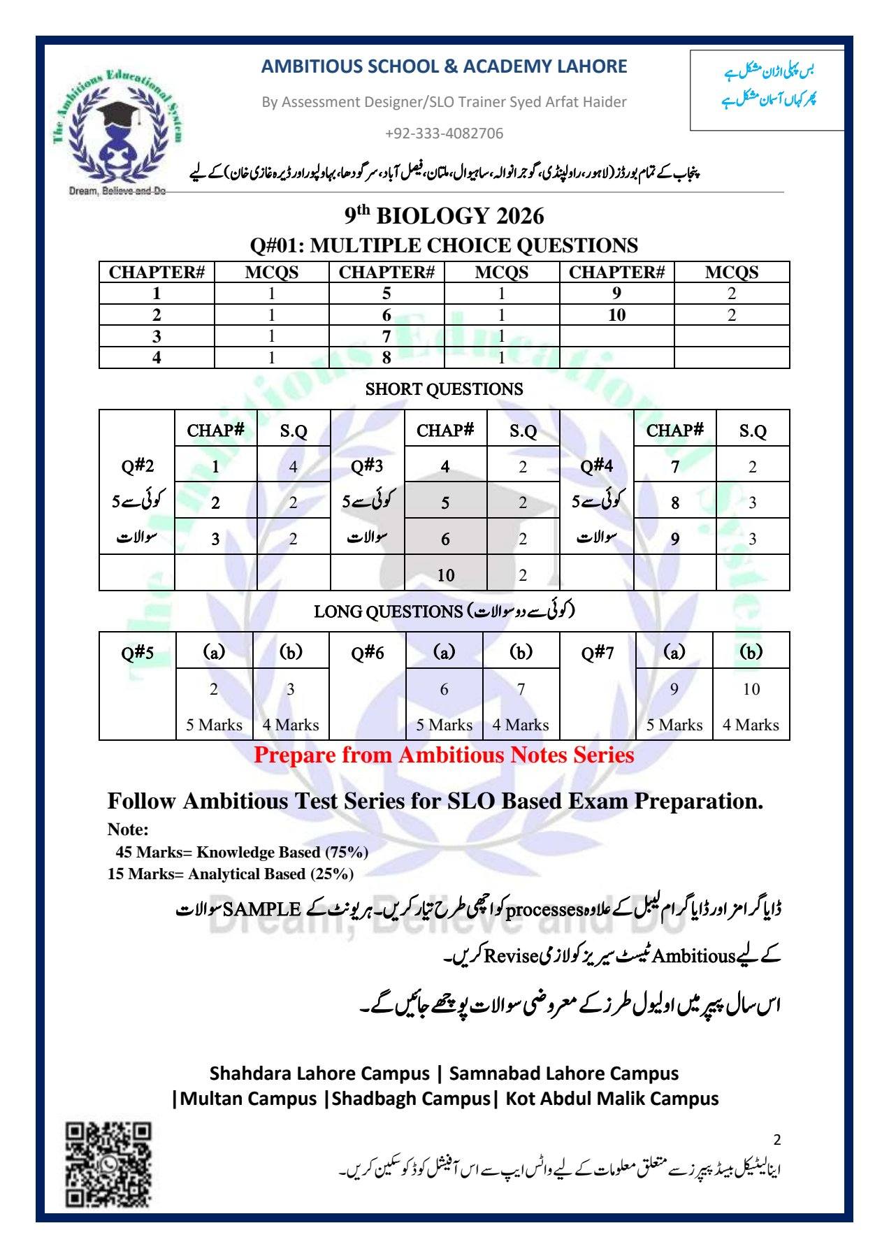 Class 9 Biology Pairing Scheme 2026, Punjab Boards - Rashid Notes